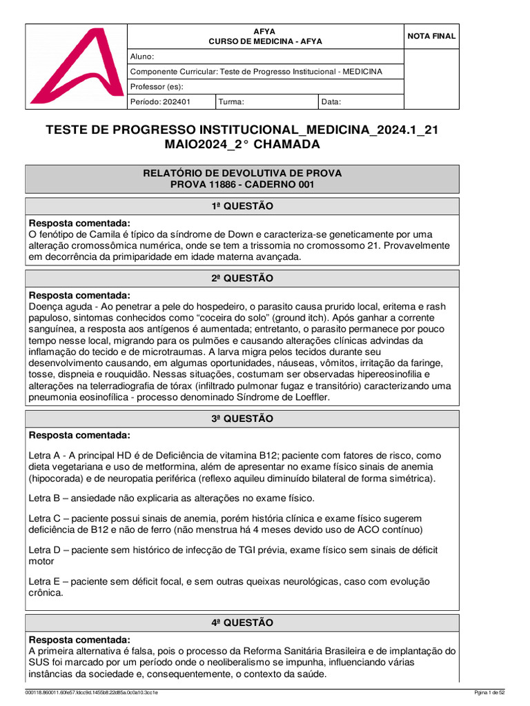 Tpi Medicina - 2° Chamada - 2024.1 - 21 Maio - Devolutiva Caderno 1 | PDF | Glaucoma | Antígeno ...