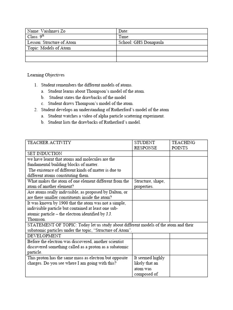 Structure of Atom Final Plan | PDF | Atoms | Atomic Nucleus