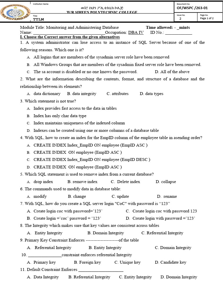 Monitoring and Dministering DB Exam | PDF | Databases | Sql