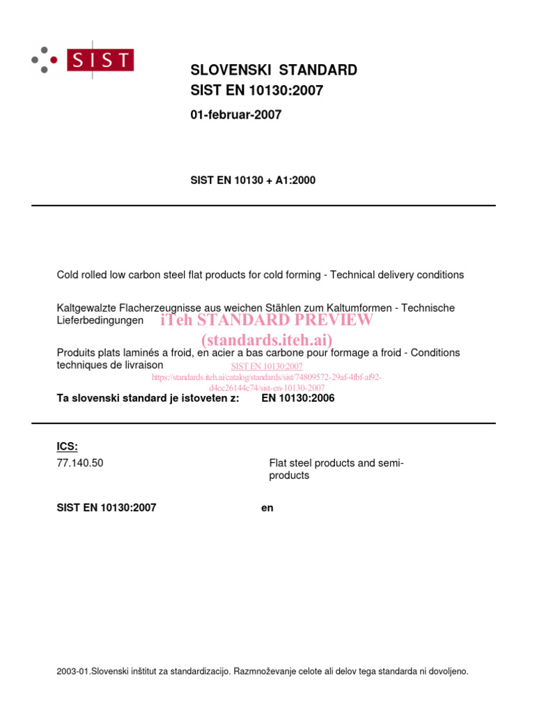 Sist en 10130 2007 | PDF | Rolling (Metalworking)