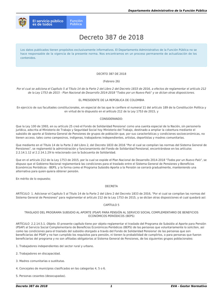 Decreto-387-de-2018-TRASLADO DEL PROGRAMA SUBSIDIO AL APORTE (PSAP) PARA PENSIÓN AL SERVICIO ...