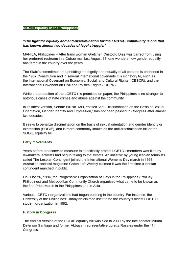 Current Status of SOGIE Bill in Philippines | PDF | Gender | Gender Studies