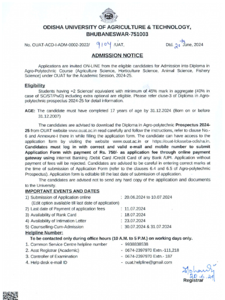 Diploma in Agro Polytechnic Admission Notice 2024 25 | PDF