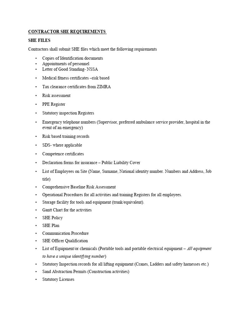 CONTRACTOR SHE REQUIREMENTS | PDF | Risk Assessment