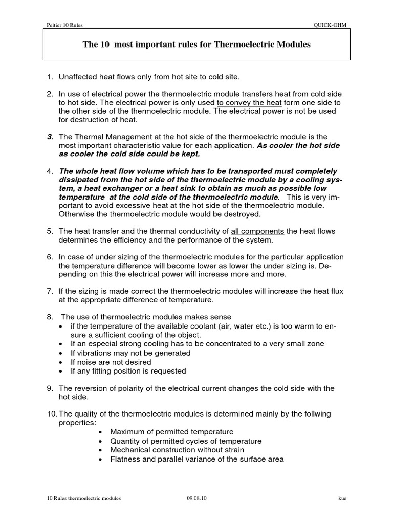 10 Essential Rules for Thermoelectric Modules | PDF | Heat | Heat Transfer