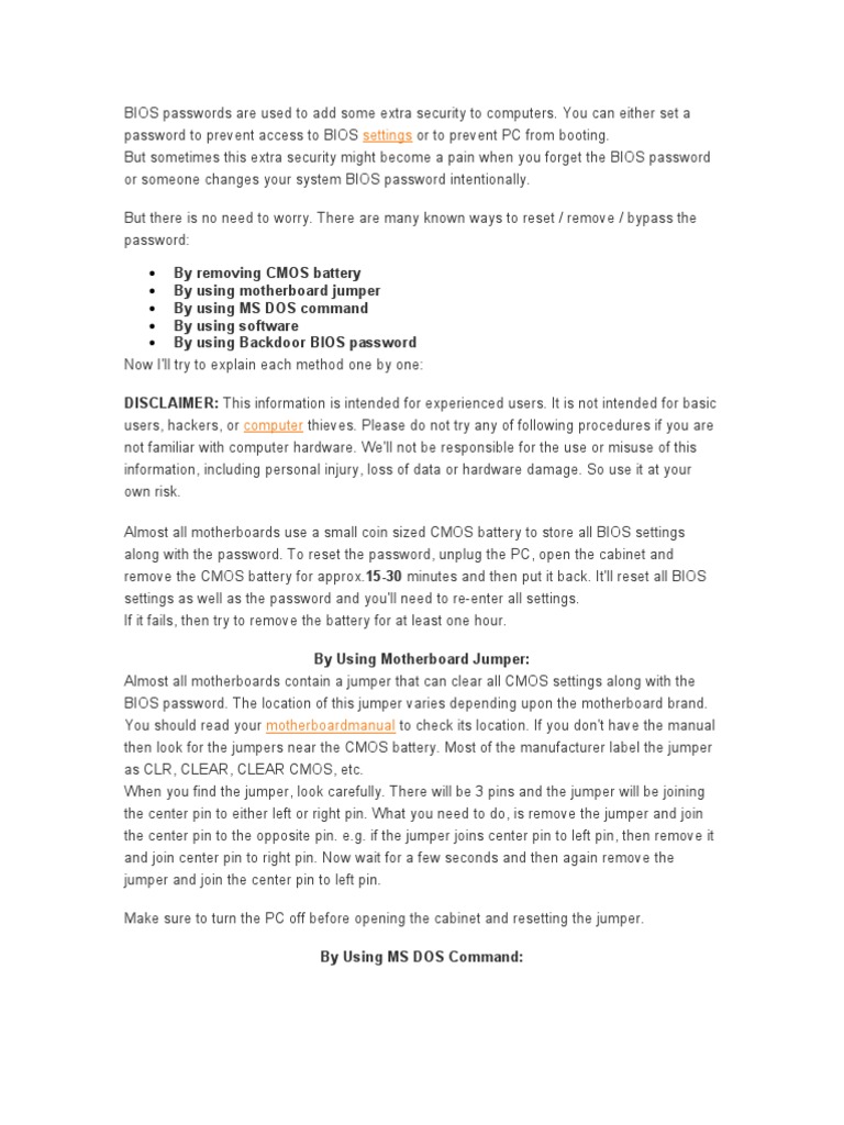Bios Password Removal In A Computers Pdf Bios Ibm Pc Compatibles 2564