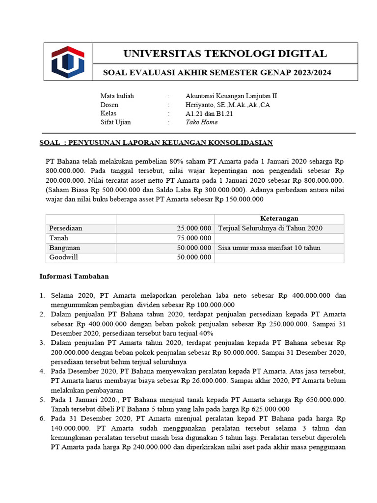 Soal EAS - Akuntansi Keuangan Lanjutan 2 - Genap 2023 2024 | PDF | Pengelolaan Keuangan & Uang
