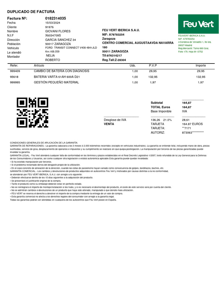 Factura Feu Vert Nº 0182314035 | PDF | Economias