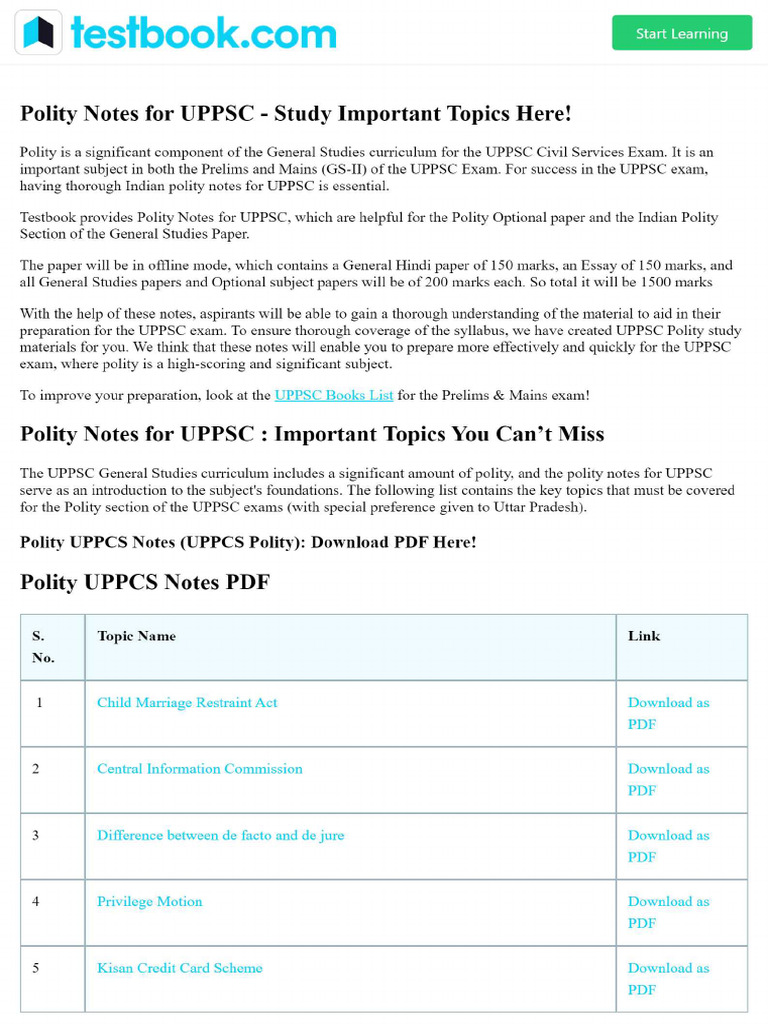 Polity Notes For UPPSC - Study Important Topics Here! | PDF