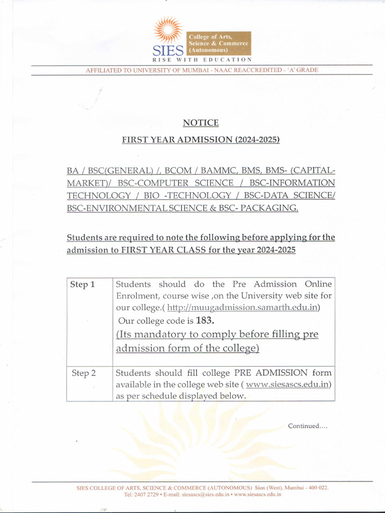 First Year Admission (2024-2025) | PDF