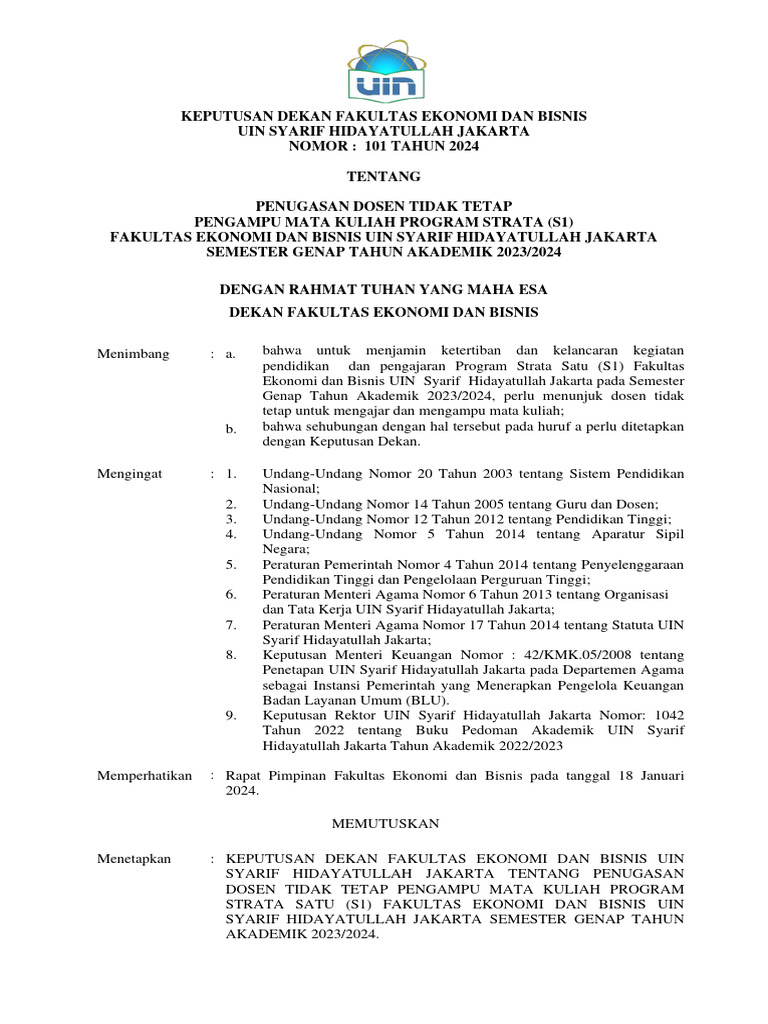 SK Dekan Tentang DTT S1 Genap 2023-2024 | PDF
