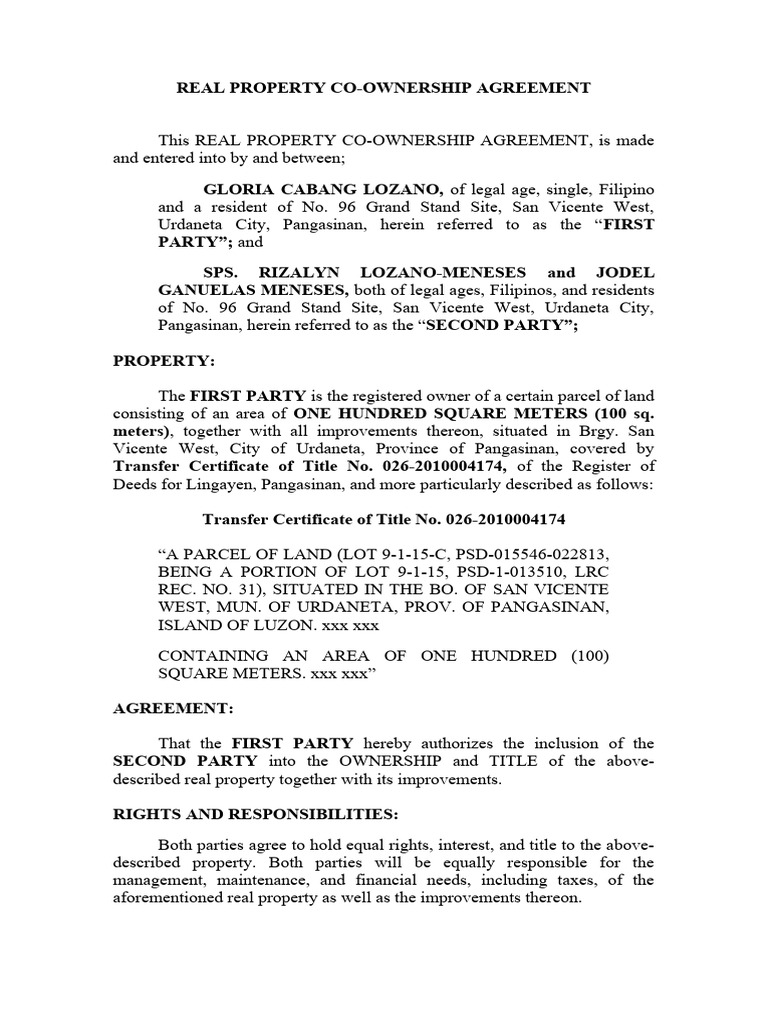 Co-Ownership Agreement | PDF | Concurrent Estate | Property Law