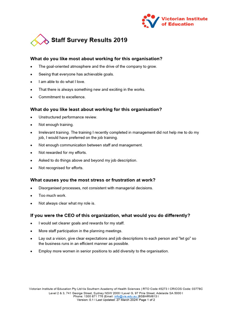 BSBHRM613 - Staff Survey Results 2019.v1.1 | PDF | Organizational ...