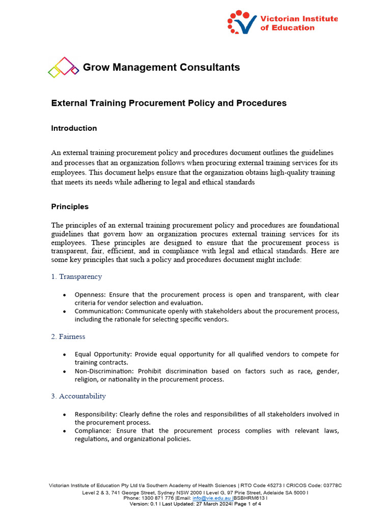BSBHRM613 - External Training Procurement Policy and Procedures Template.v1.1 - DONE | PDF ...