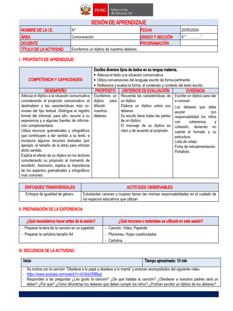 SESION de APRENDIZAJE de COMUNICACIÓN---Escribimos Un Díptico de ...