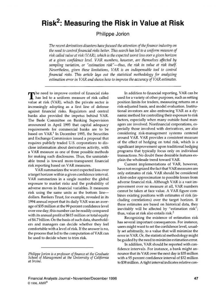 Jorion 1996 | PDF | Value At Risk | Confidence Interval