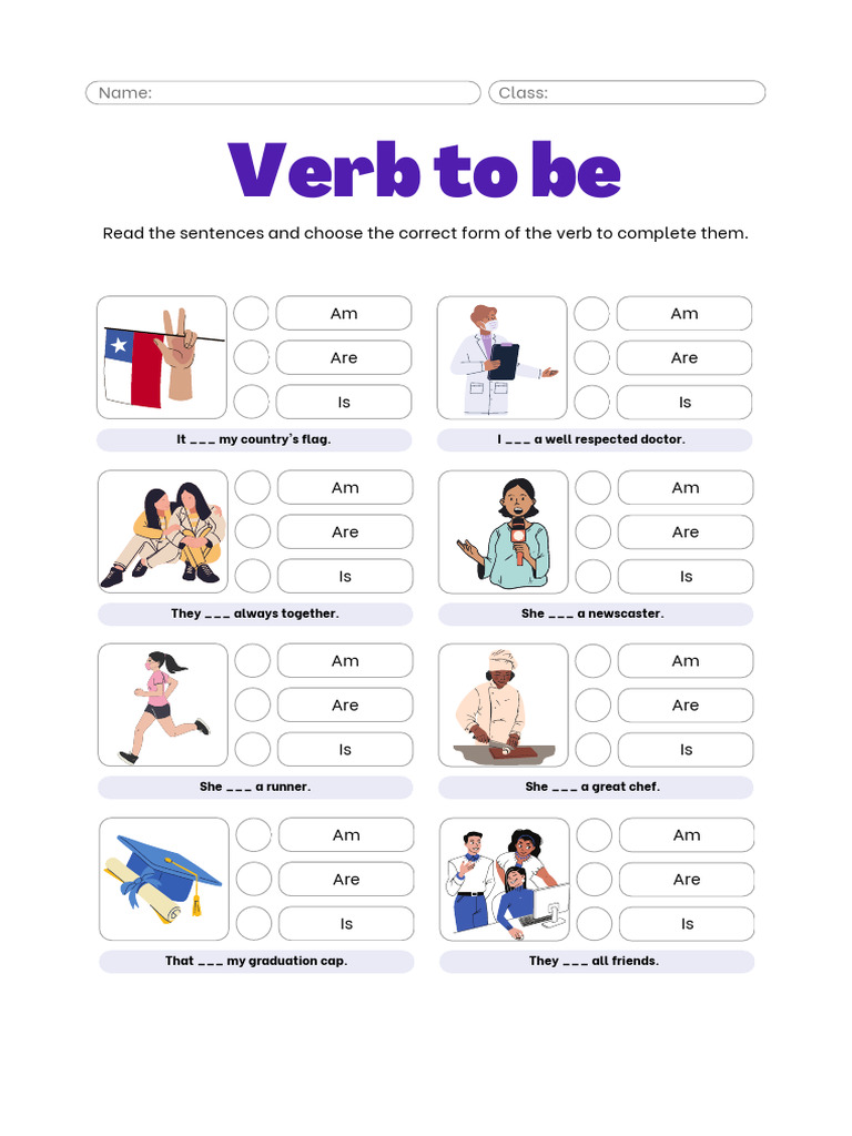 Blue White Simple Illustrative Verb To Be Grammar Worksheet | PDF
