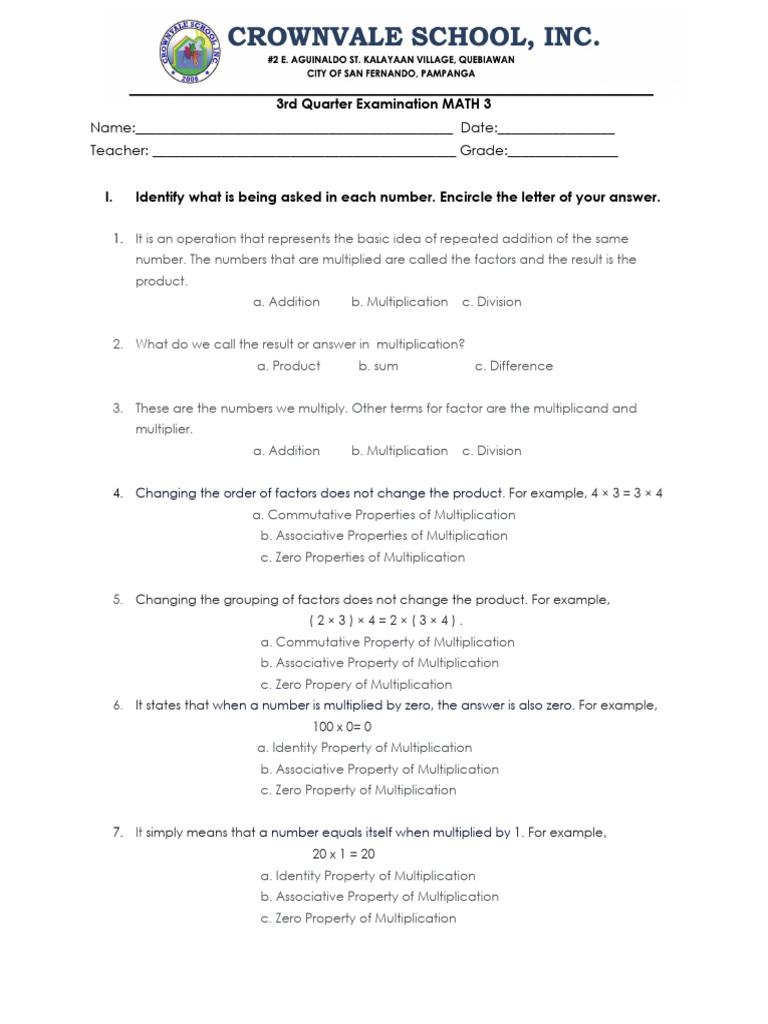 3rd Examination MATH 3 | PDF | Multiplication | Algebra