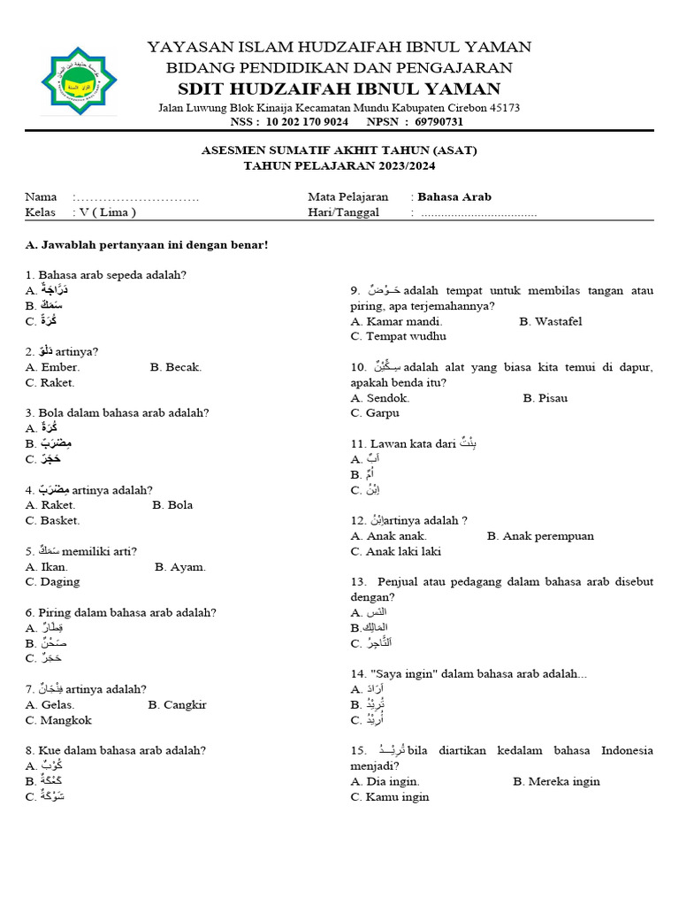 Soal PAT Arab Kelas 5 Semester Genap | PDF