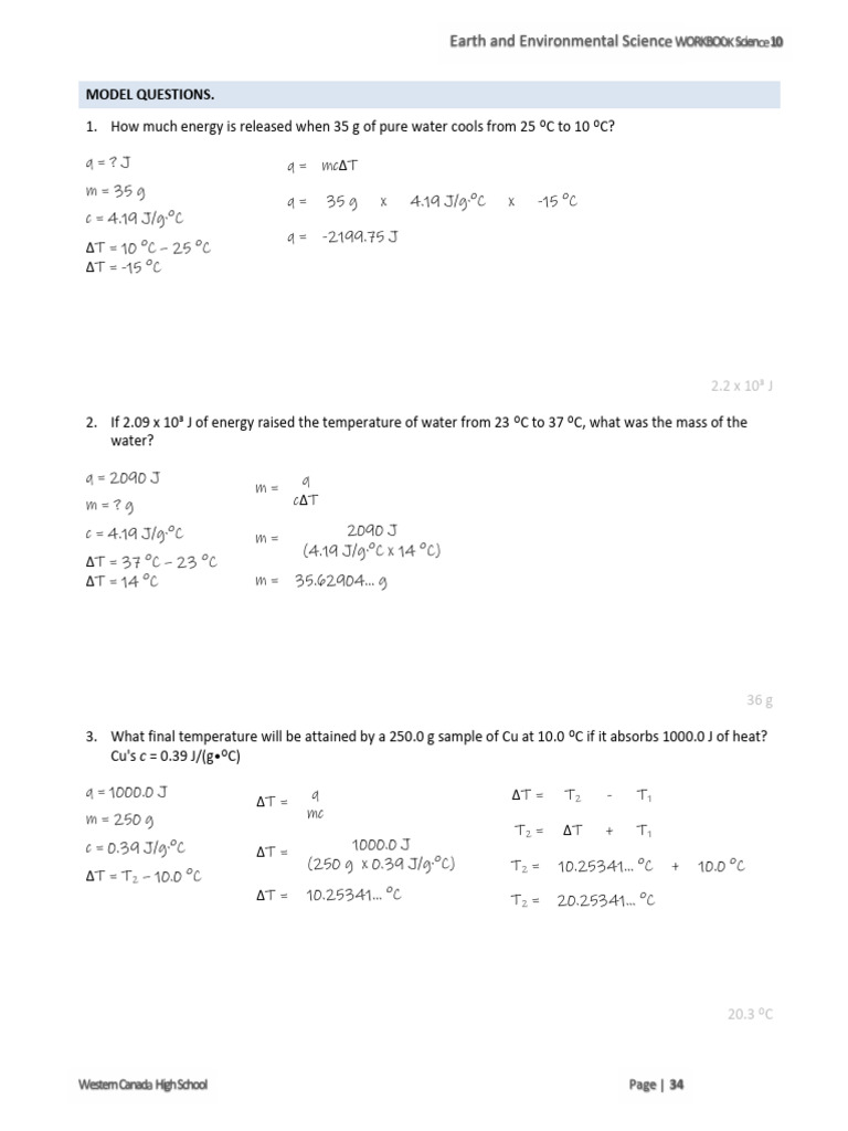 Answer Key To Water Calculations | PDF | Water | Mole (Unit)