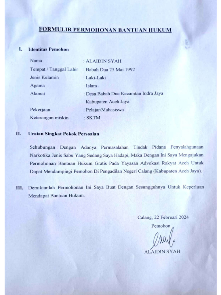 Permohonan Bantuan Hukum Alaidin | PDF