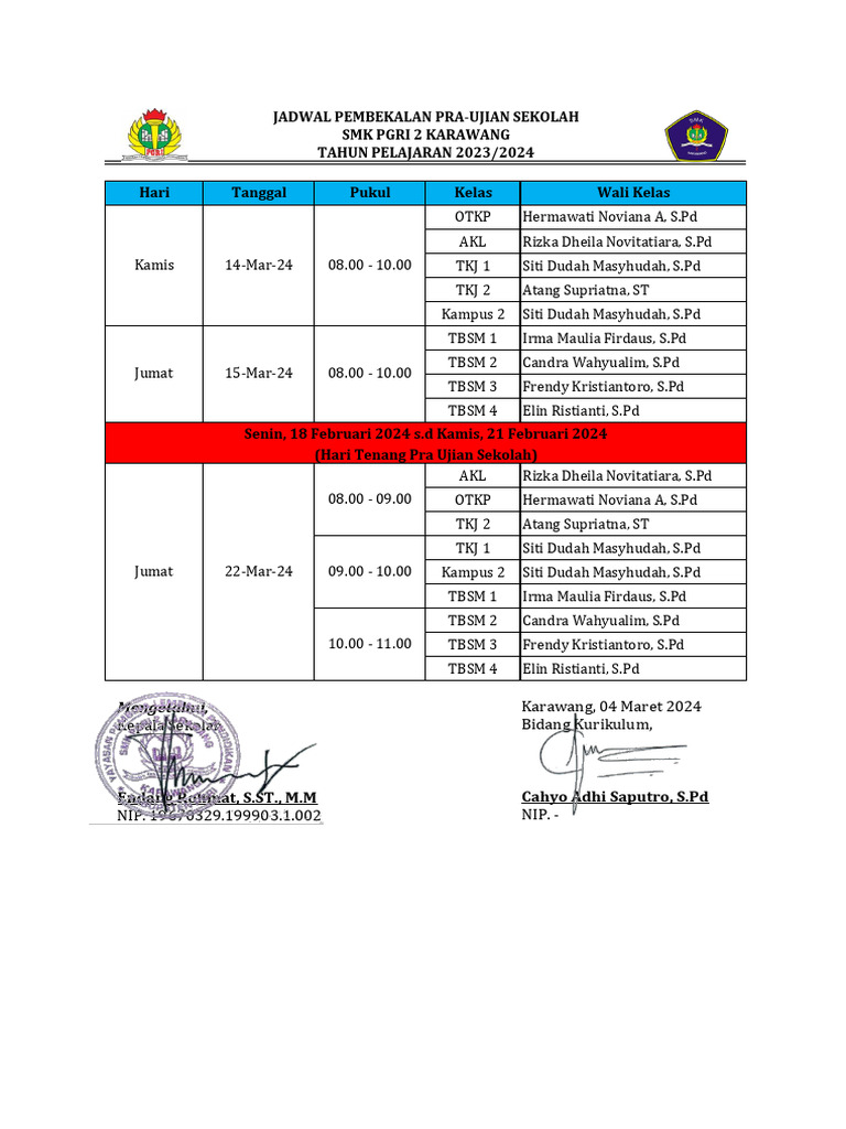 Jadwal Pra Ujian Sekolah | PDF