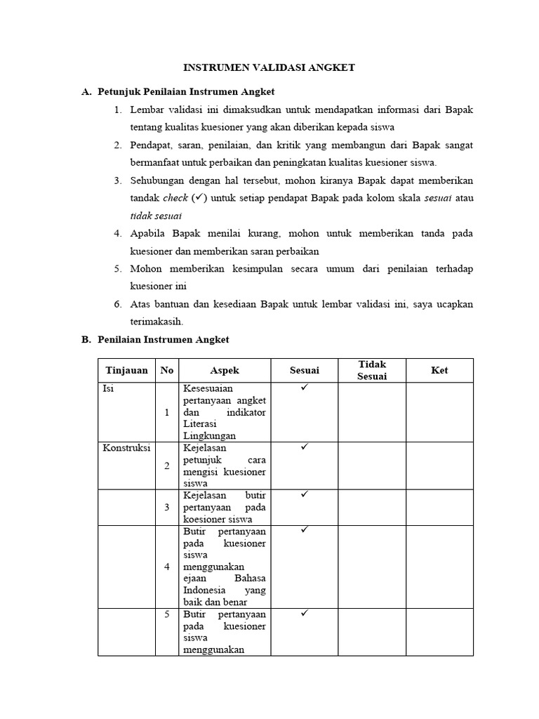 Lembar Validasi Instrumen Tes Dan Angket | PDF