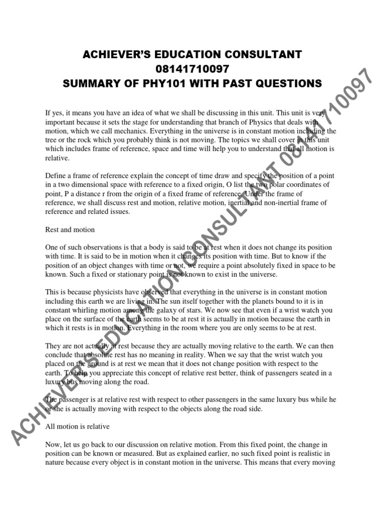 Phy101 Summary With Past Questions-1 | PDF | Acceleration | Velocity