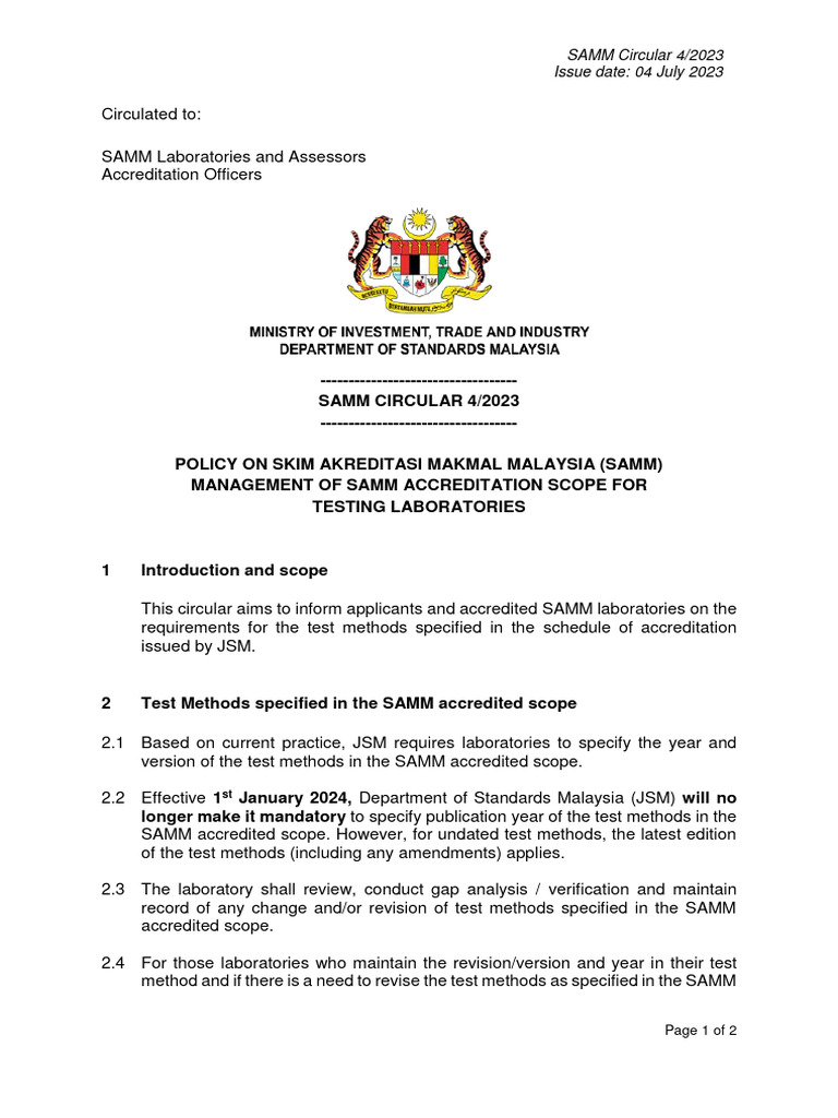 SAMM Circular 4 2023 Accreditation Scope For Testing Lab Issue 1, 04 ...