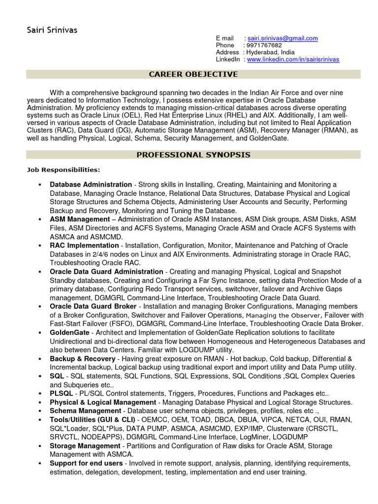 Sairi Srinivas CV | PDF | Databases | Sql