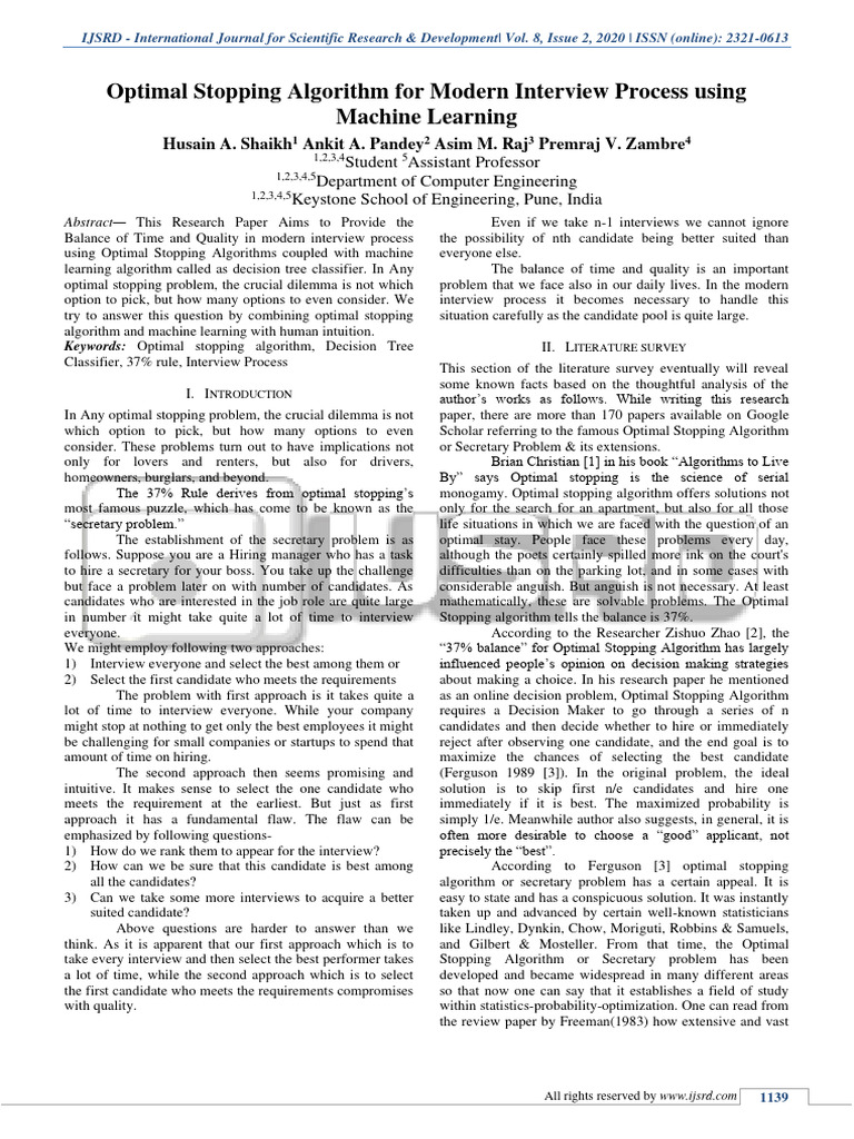 Optimal Stopping Algorithm For Modern Interview Process Using Machine Learning | PDF | Machine ...