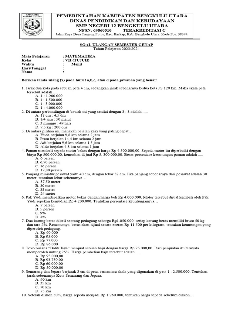 Soal MTK KLS 7 SMSTR 2 23-24 | PDF
