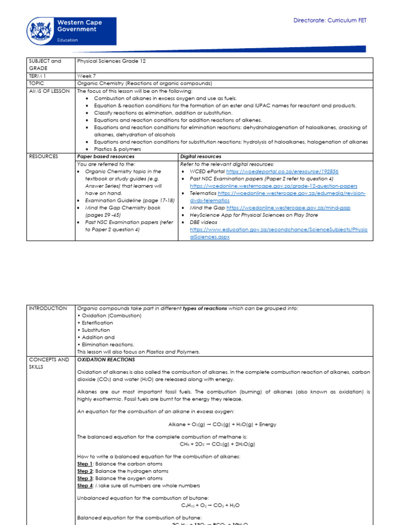 Physical Sciences Grade 12 Term 1 Week 7 2021 | PDF | Alkene | Polymers