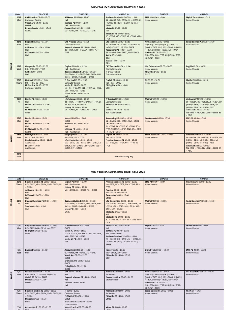 Mid-Year Examinations Timetable 2024 | PDF