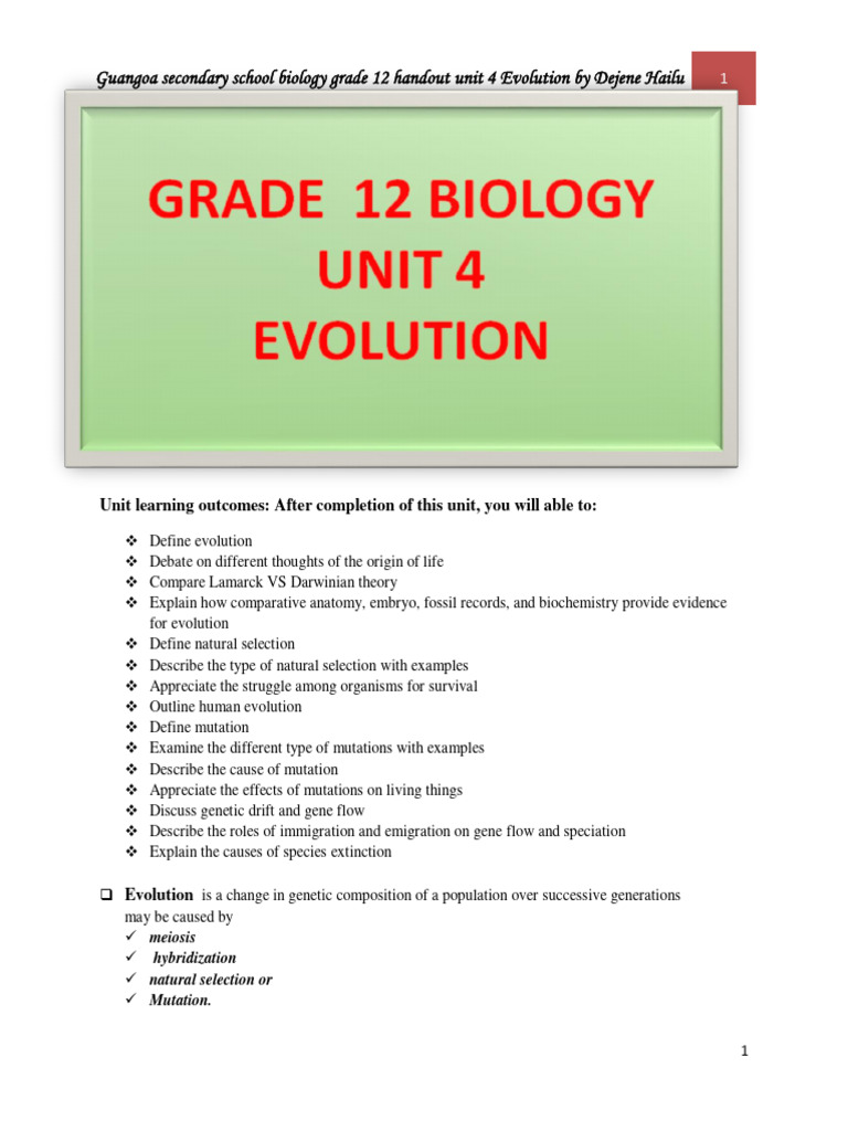 Biolog G 12 Handout Unit 4 Evolution | PDF | Evolution | Genetic Variation