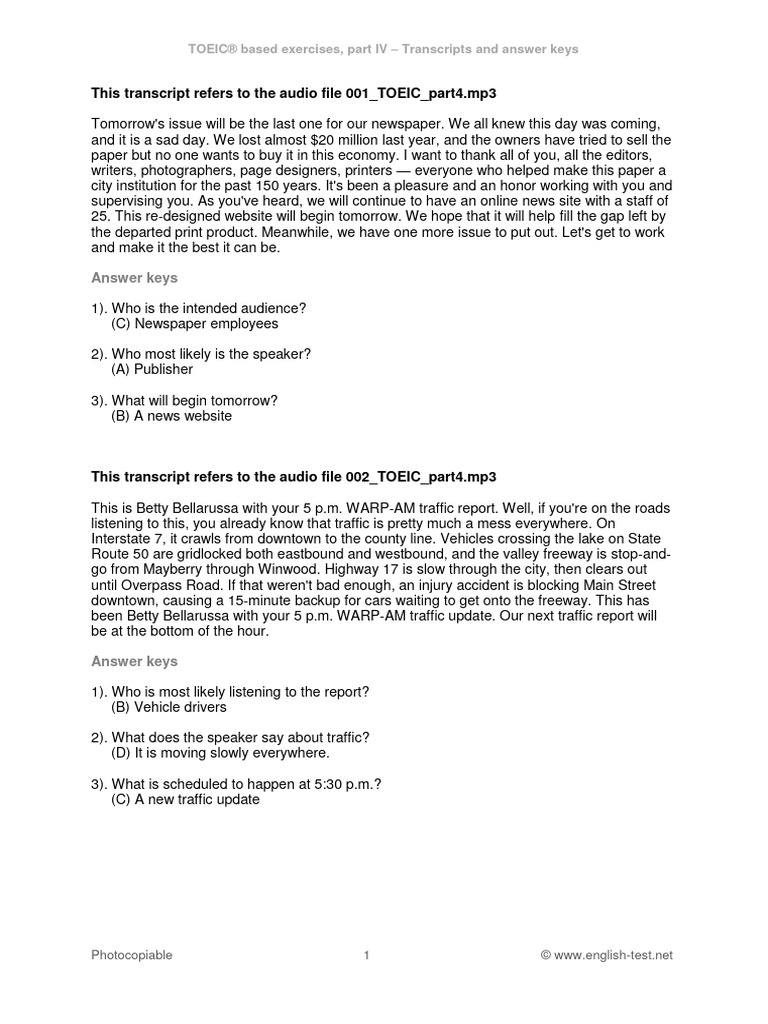 Toeic Based Exercises Part4 Answer Keys Pdf Insurance Traffic