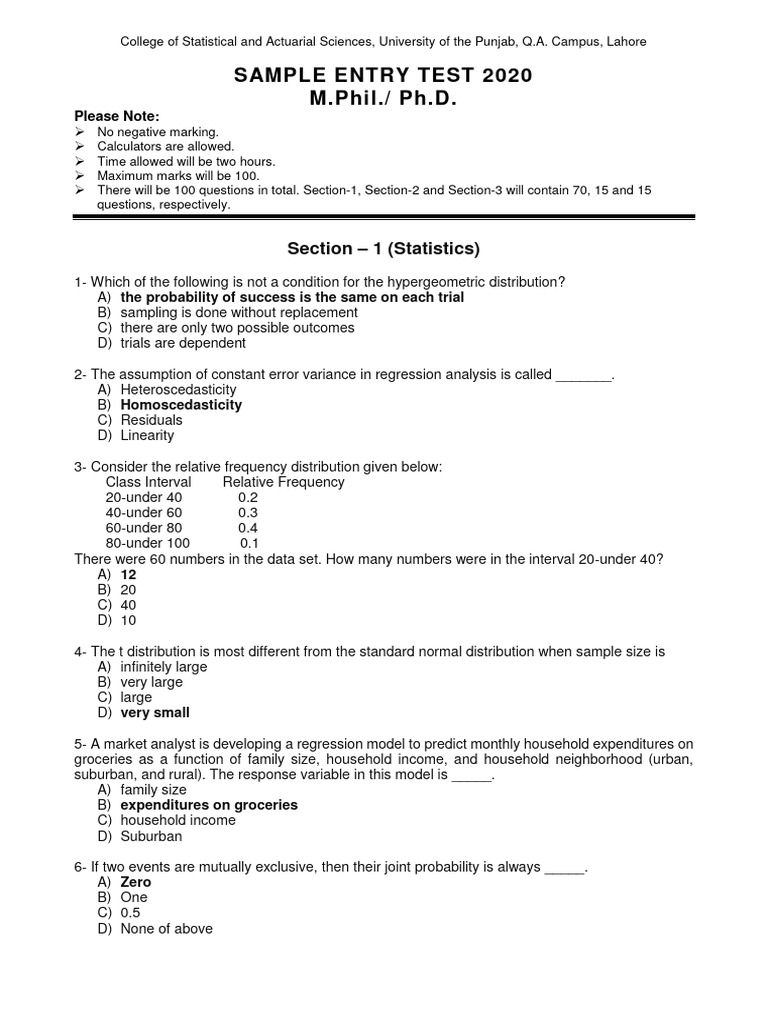 M.Phil PH.D Sample Entry Test 2020 | PDF | Probability Theory ...