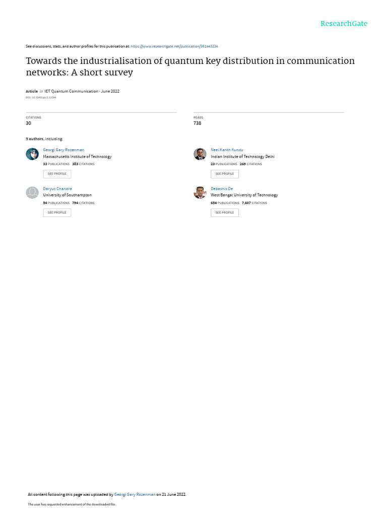 Towards The Industrialisation of Quantum Key Distribution in Communication Networks: A Short ...