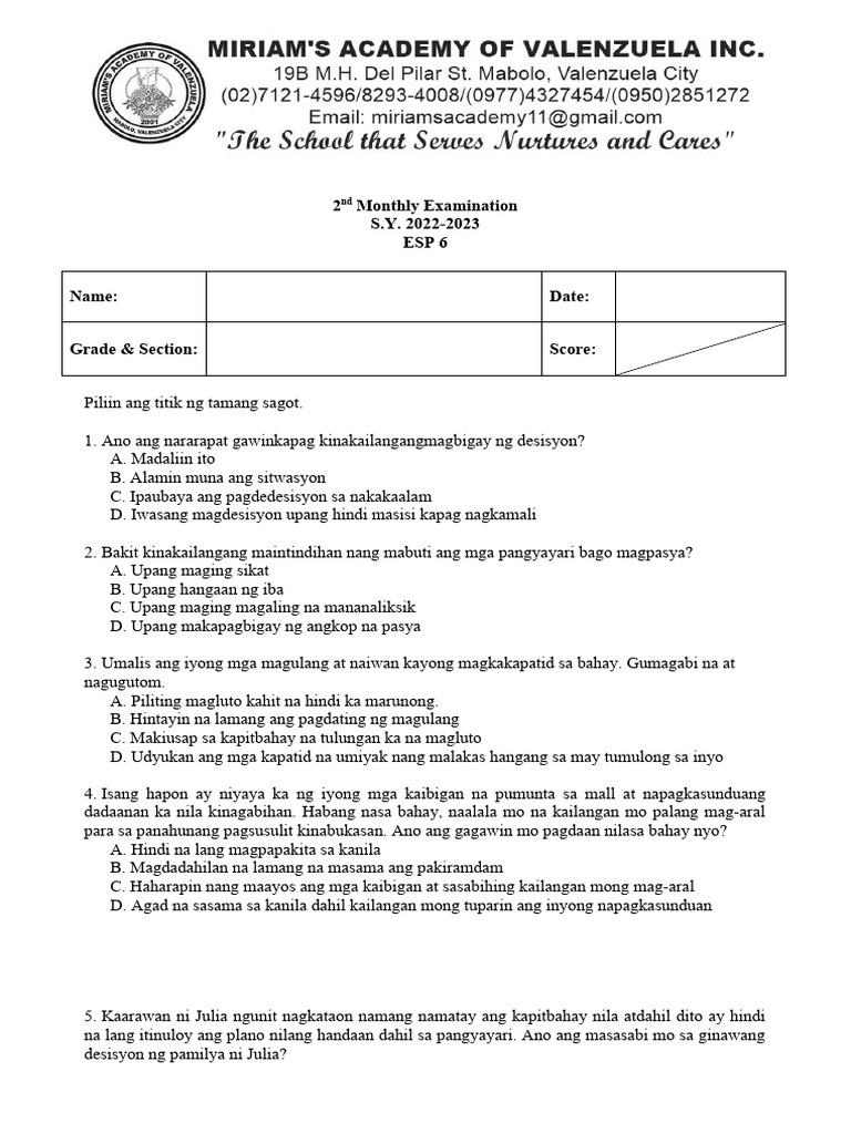 2ND Monthly Exam Esp 6 | PDF