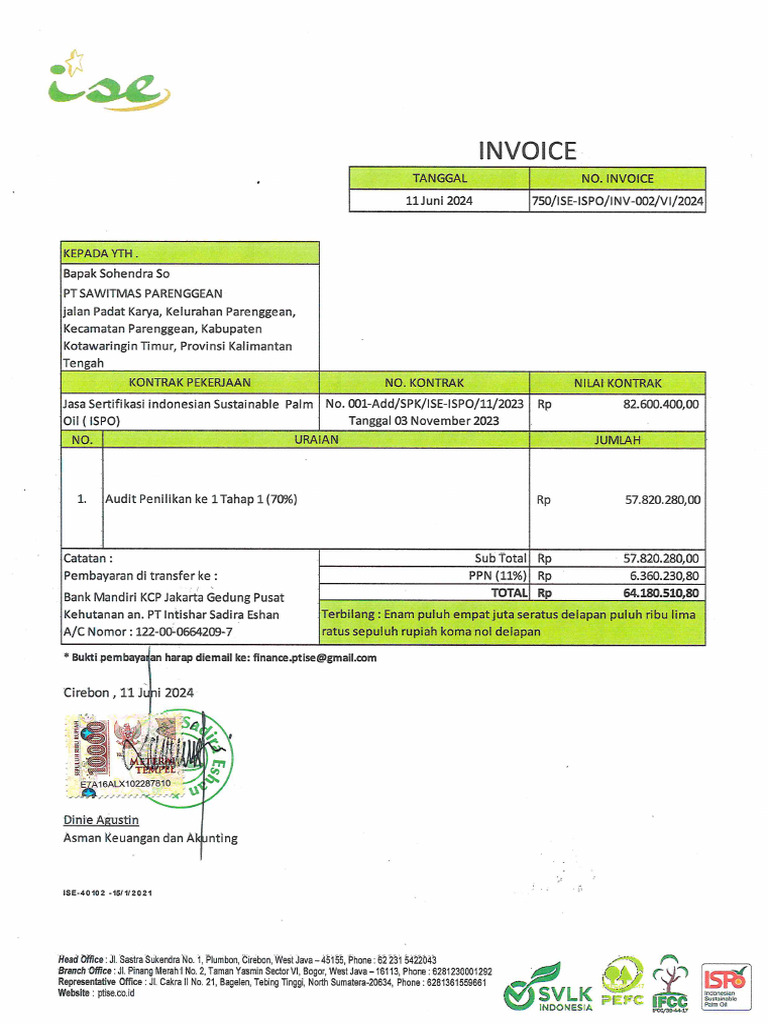 Invoice - Pt. Sawitmas Parenggean - Tahap 1 | PDF