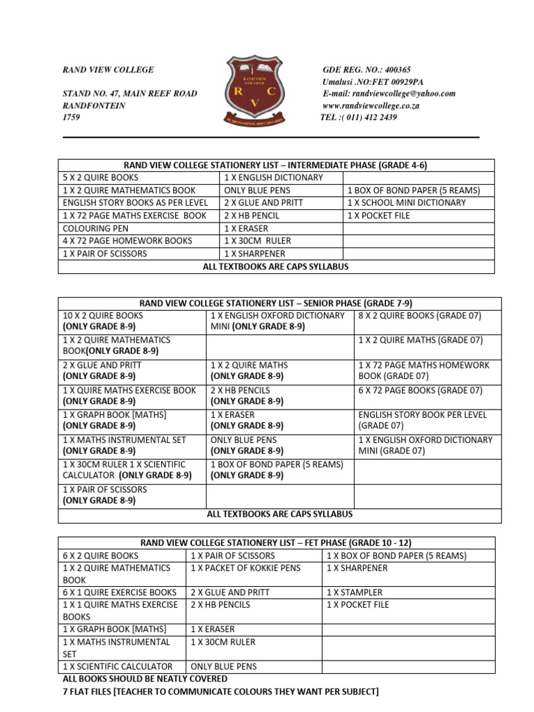 Rand View College Stationery List Grades 04-12-2024 Updated | PDF ...