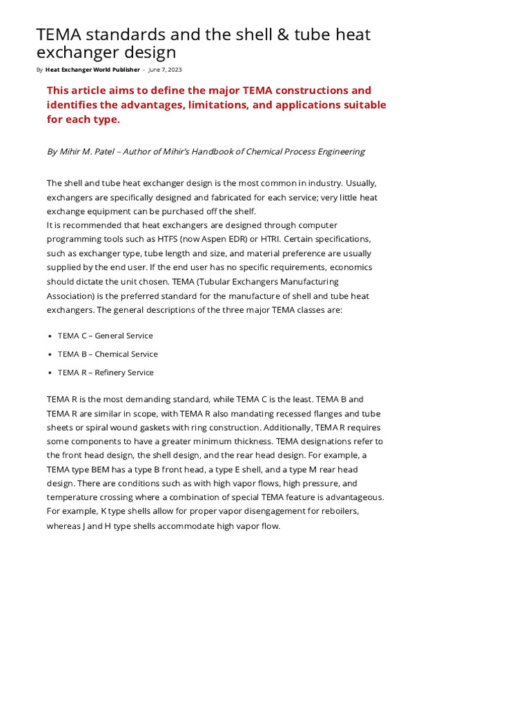TEMA Standards for Shell & Tube Heat Exchangers | PDF | Pipe (Fluid ...
