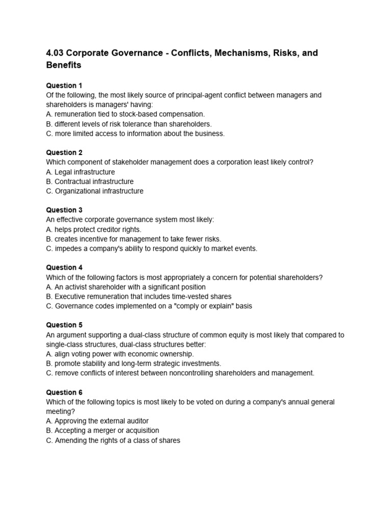 4.03 Corporate Governance - Conflicts, Mechanisms, Risks, and Benefits | PDF | Board Of ...
