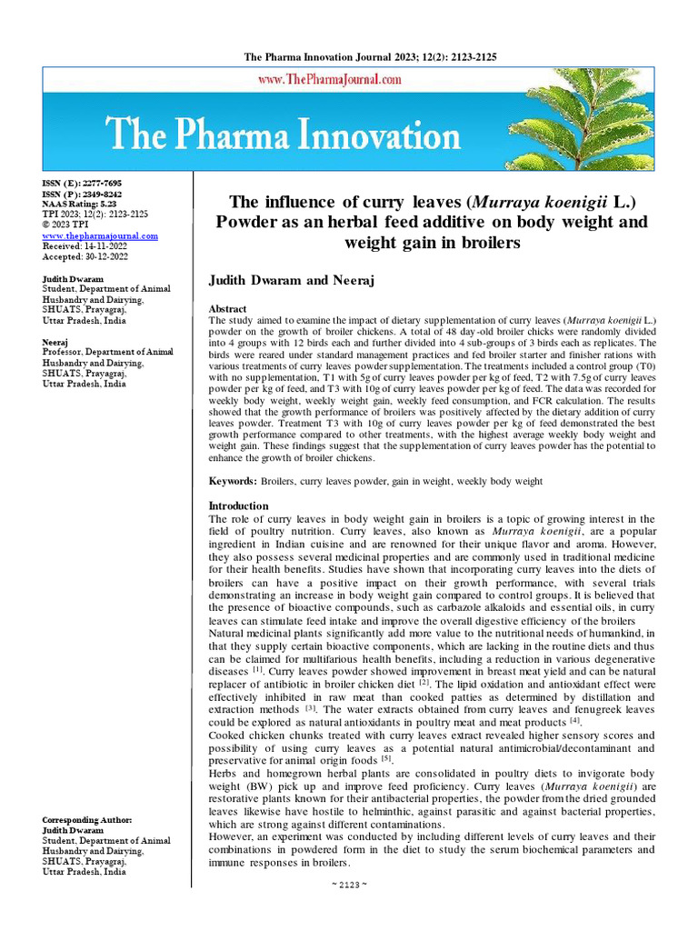 The Influence of Curry Leaves (Murraya Koenigii L.) Powder As An Herbal Feed Additive On Body ...