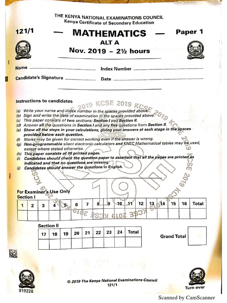 Mathematics p1 Kcse 2019 | PDF
