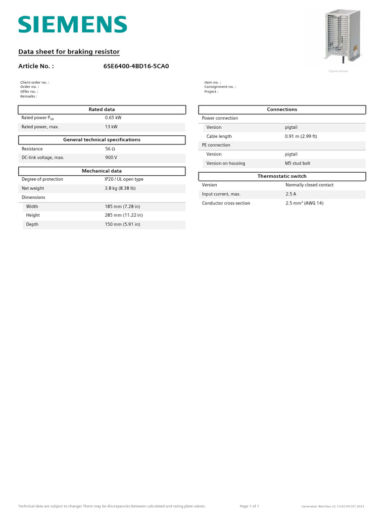 Data Sheet For Braking Resistor: Article No.: 6SE6400-4BD16-5CA0 | PDF ...