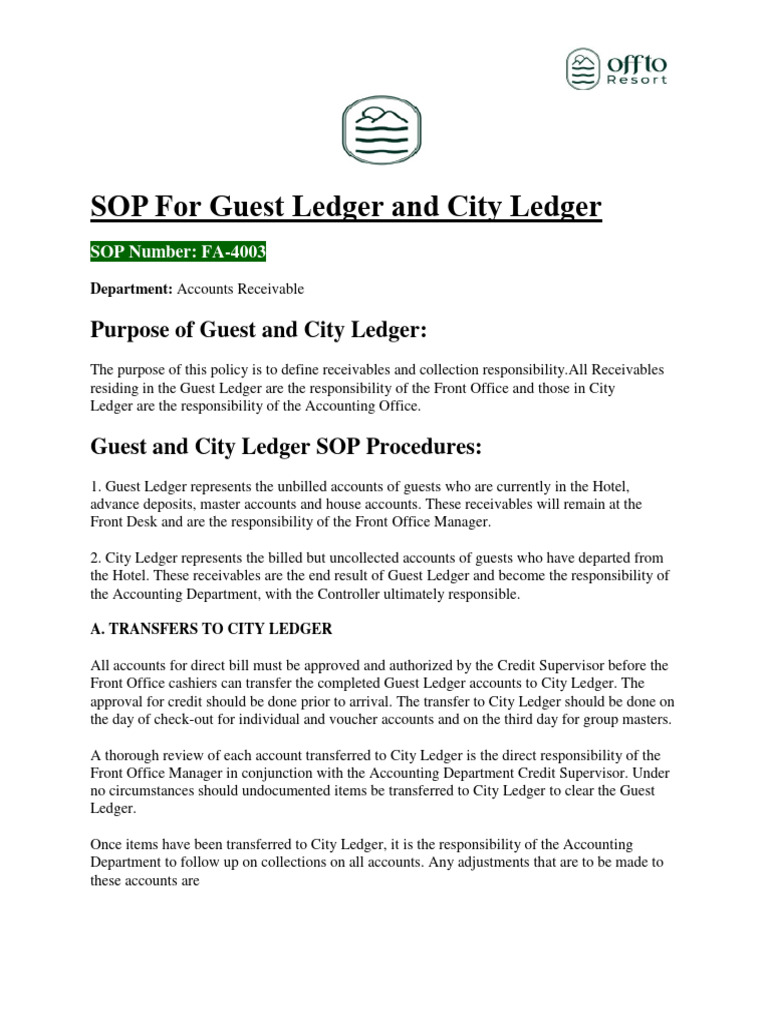 Guest and City Ledger SOP Overview | PDF | Payments | Receipt