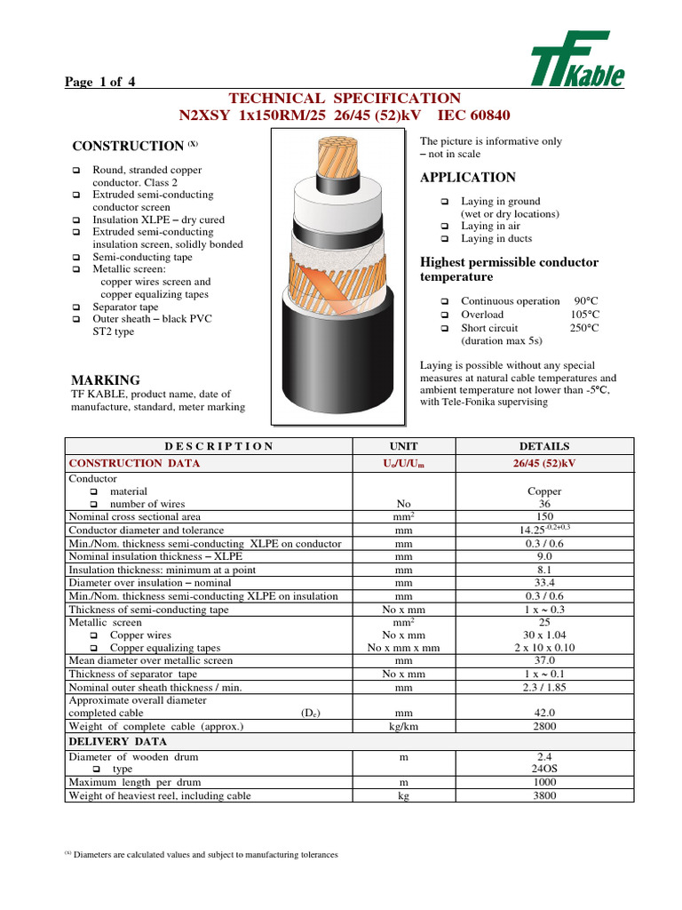 N2XSY 1x 150RM - 25 52kV IEC 60840 | PDF | Electrical Conductor | Insulator (Electricity)