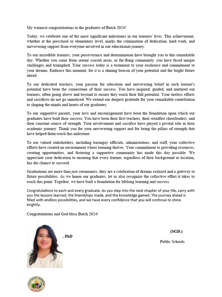 Graduation Message PSDS | PDF | Learning | Behavior Modification