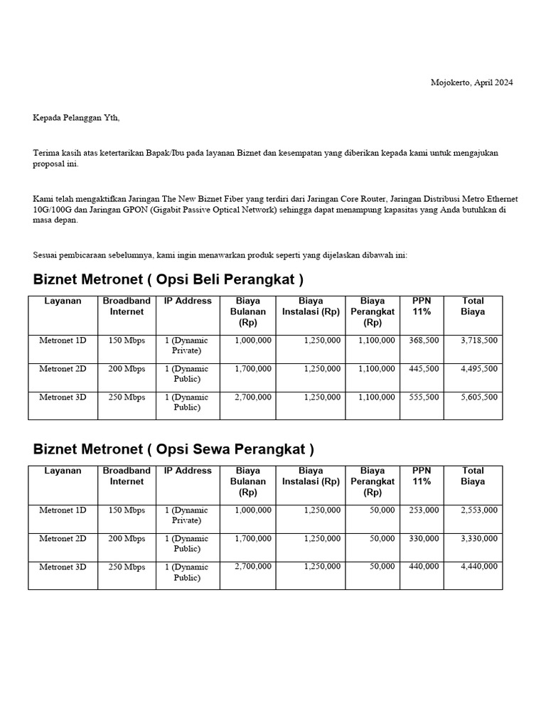 Paket Layanan Biznet Metronet 2024 | PDF